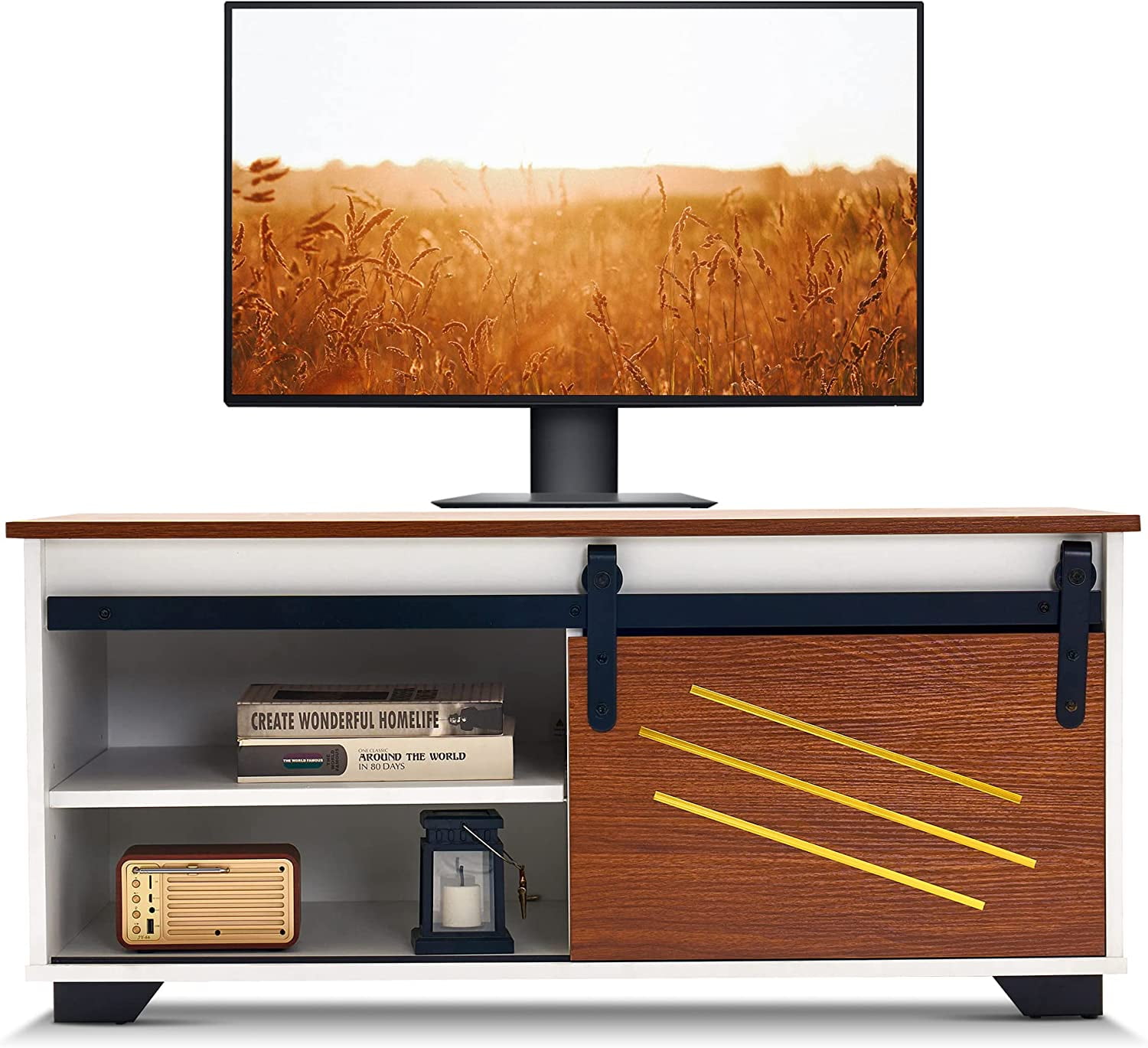 Ivinta Farmhouse TV Stand with Sliding Door, Media Console Cabinet TV ...
