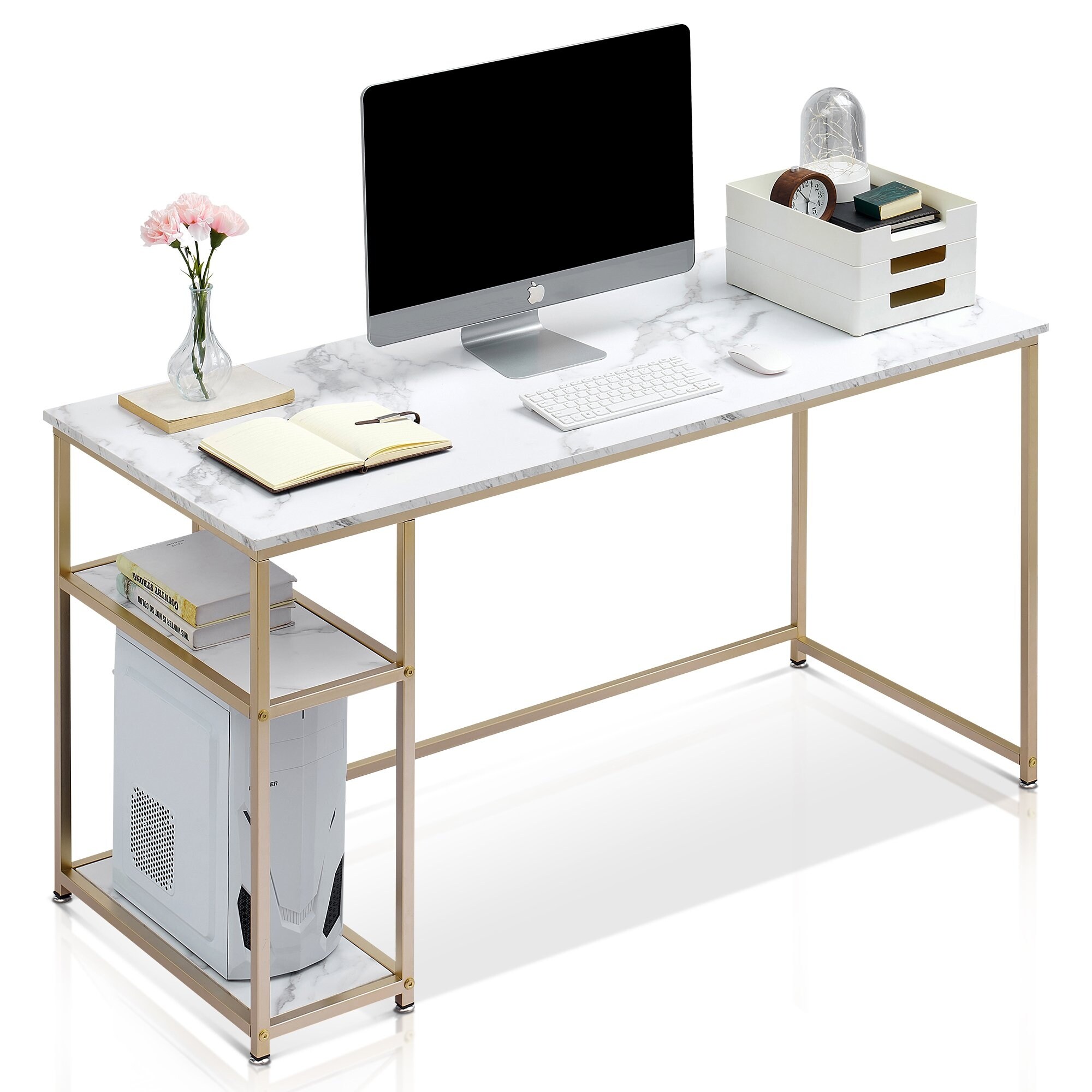 Ivinta White Computer Gaming Desk with 2-Tier Shelves for Home Office ...