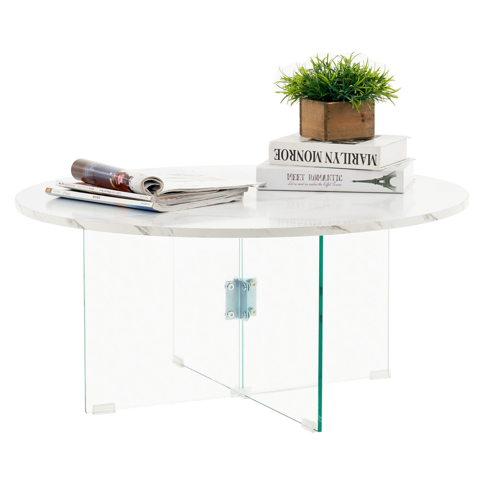 Ivinta Glass Coffee Table with X-Shaped Glass Legs, Modern White Round ...