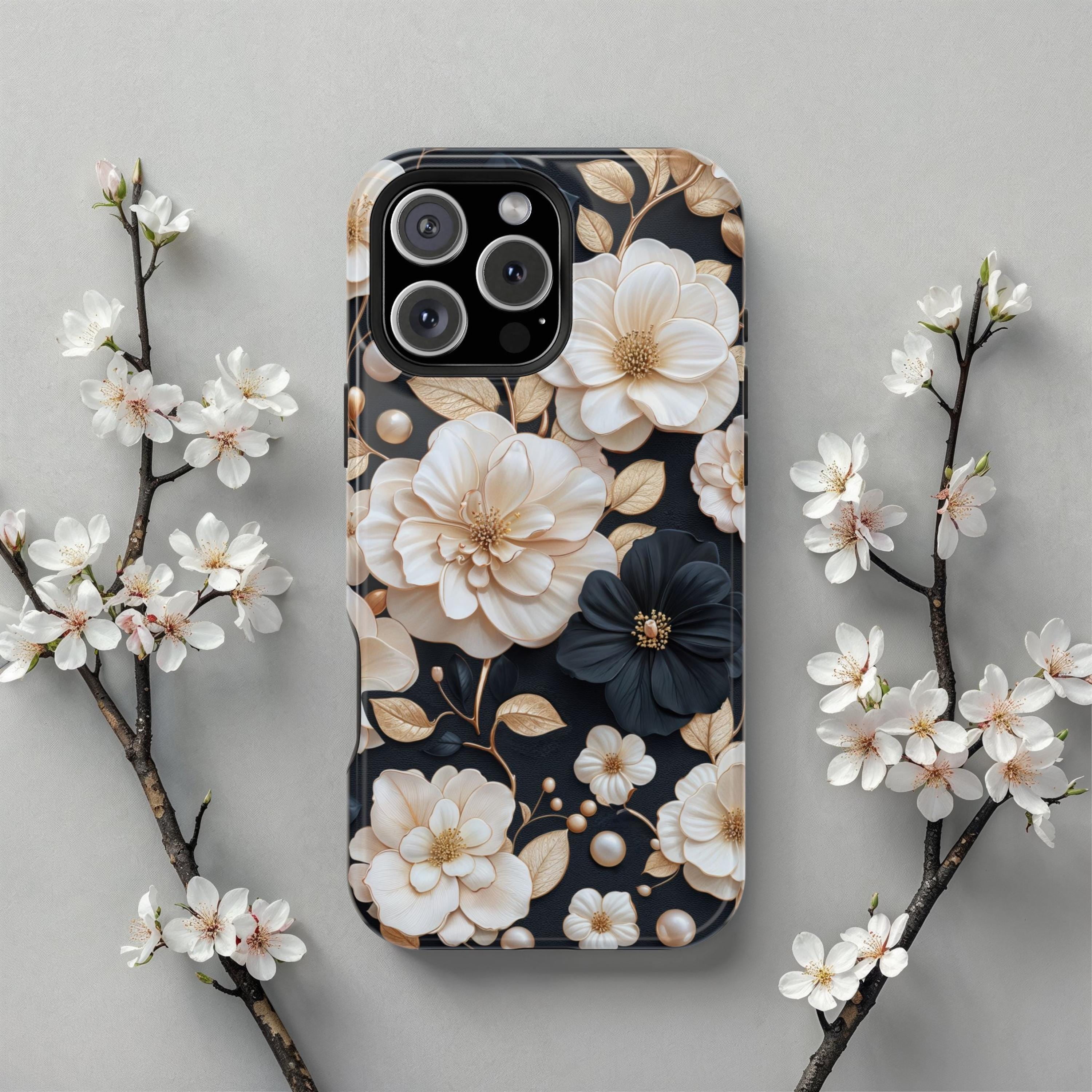 Ivory Blossom Phone Case Elegant Black Floral Design for iPhone 17 11 ...