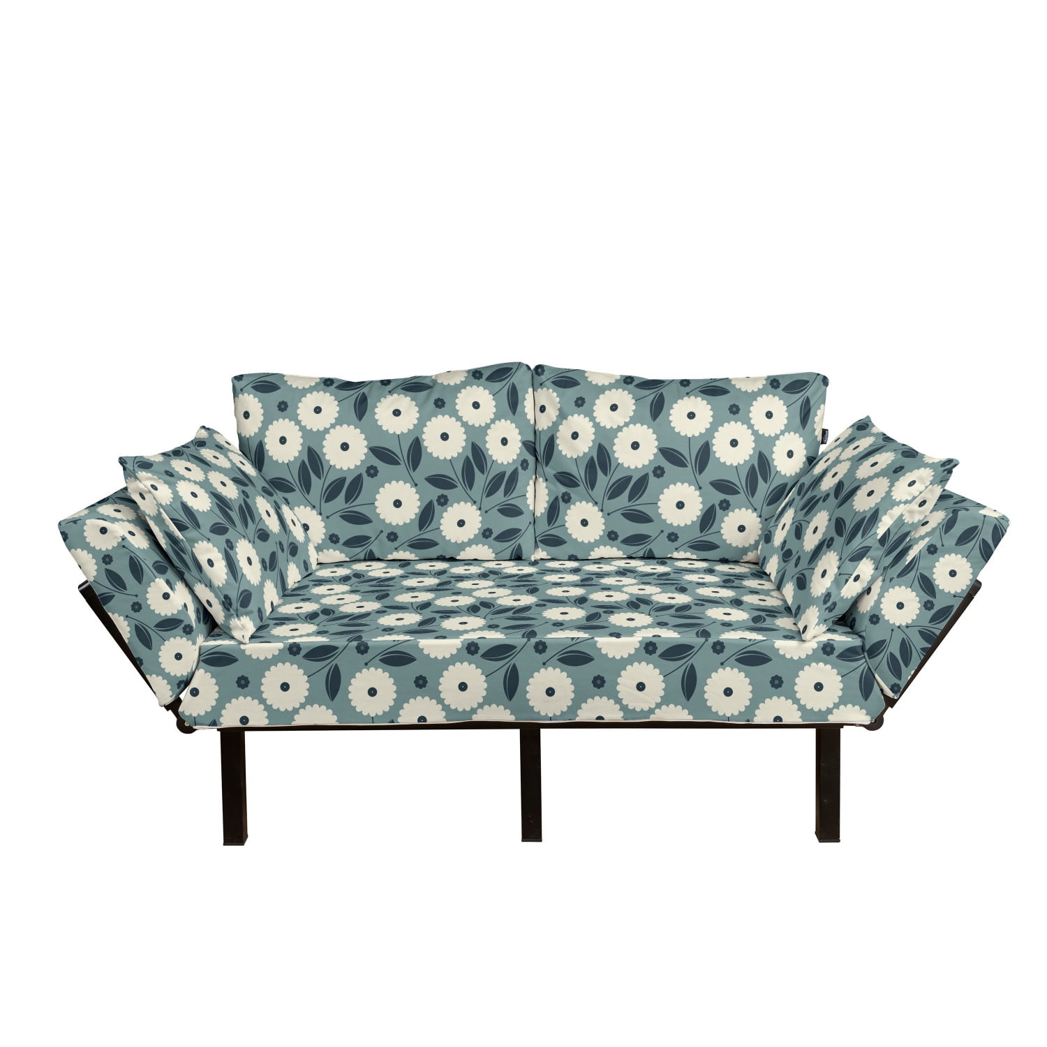 Ivory and Blue Futon Couch, Garden Art Style Bouquet of Ornate Flowers ...