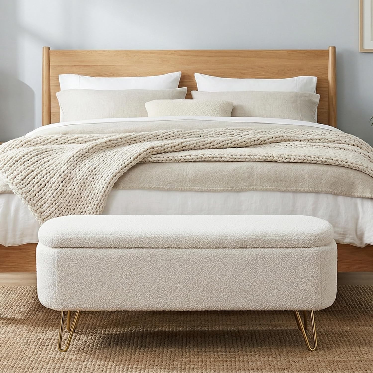 Ivory Boucle Storage Ottoman Bench with Cushion and Gold Legs ...
