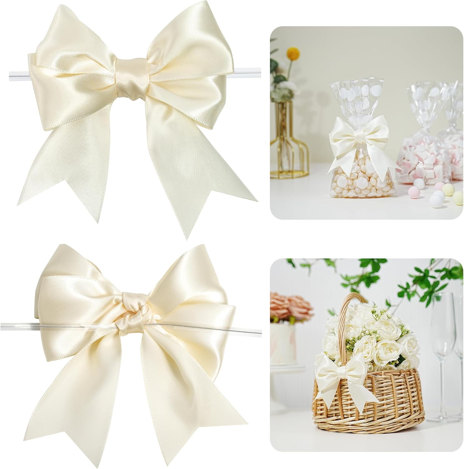 Ivory Bows with Twist Ties 3.5 Inch Pre-Tied Double Satin Ribbon Bows ...