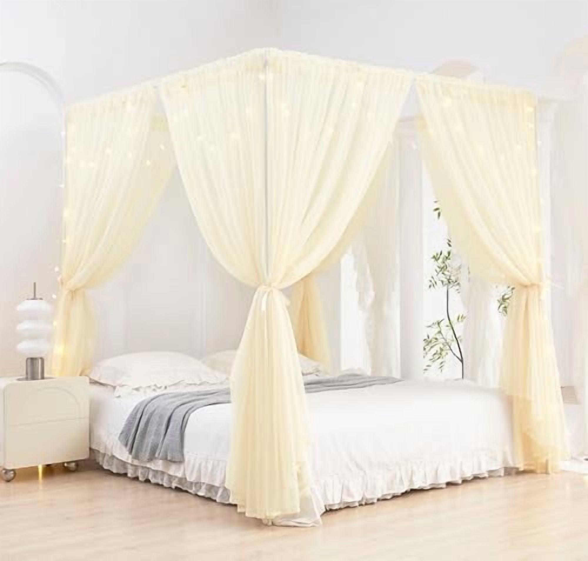 Ivory Canopy Bed Curtains with Lights 8 Panel Canopy Curtains Drapes ...