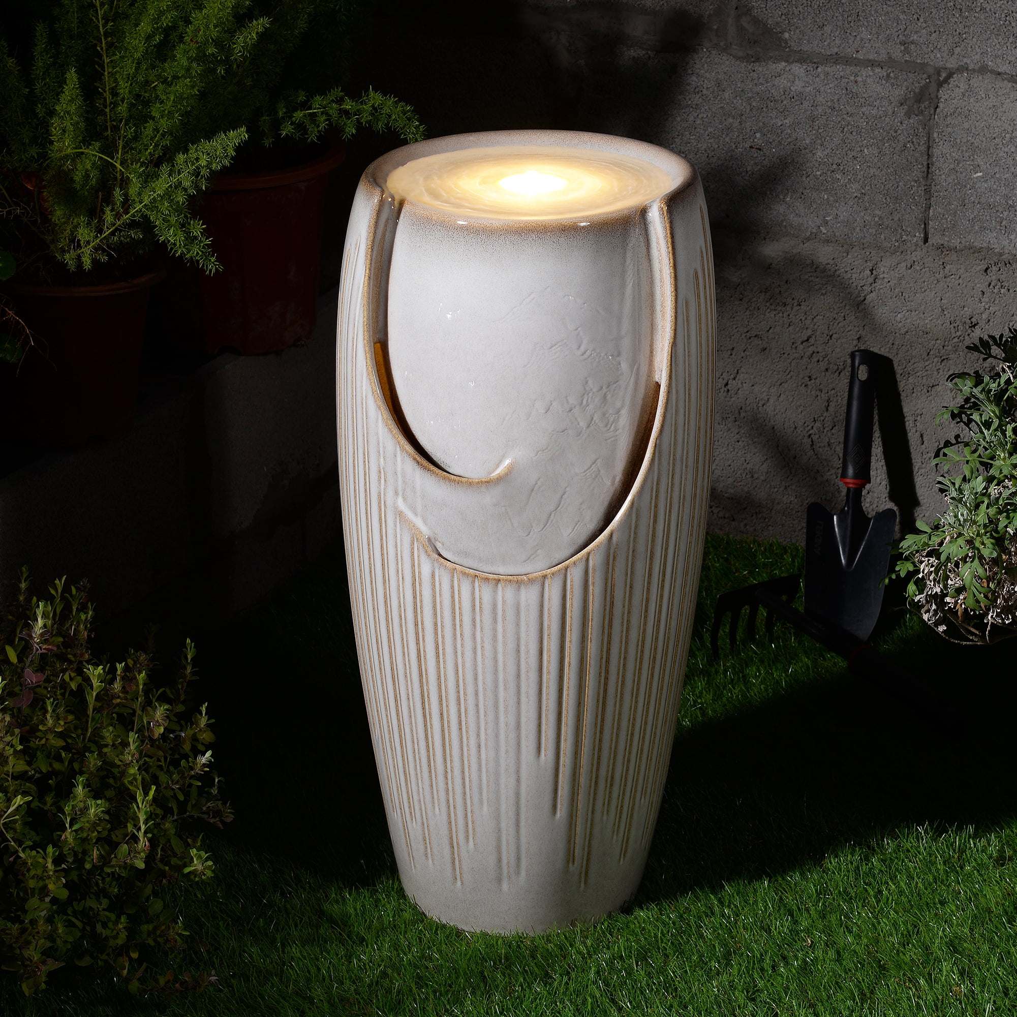 Ivory Ceramic Pillar Fountain, Decorative Water Fountain with LED ...