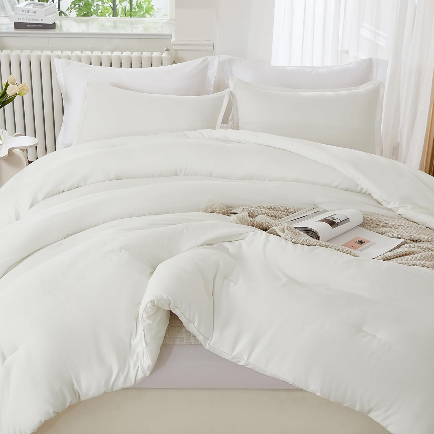 Ivory Comforter Set California King Size, 3 Pieces Lightweight Solid ...