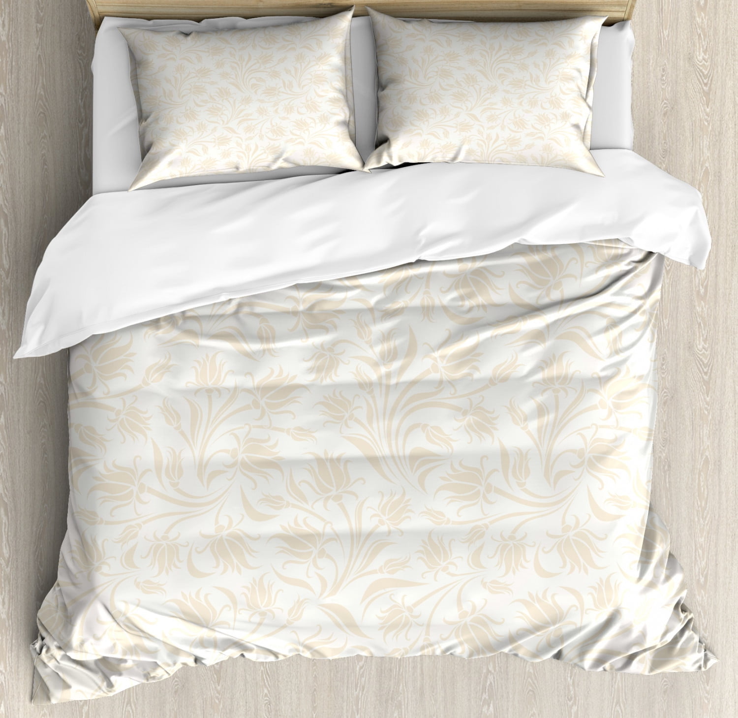 Ivory Duvet Cover Set, Baroque Style Curved Leaves and Floral Blooms ...