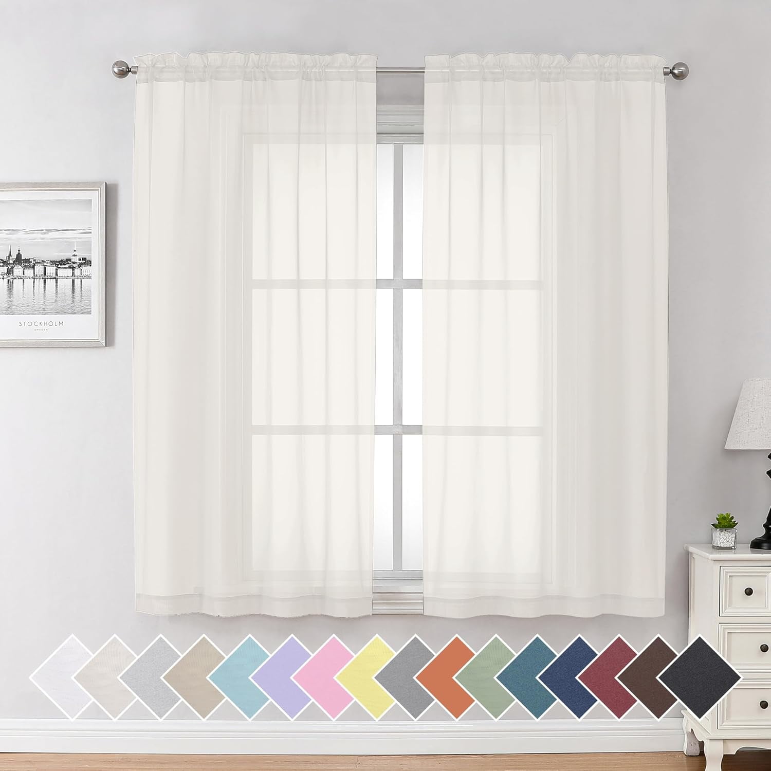 Ivory Kitchen Sheer Curtains 63 inch Length 2 Panels, Rod Pocket Light ...
