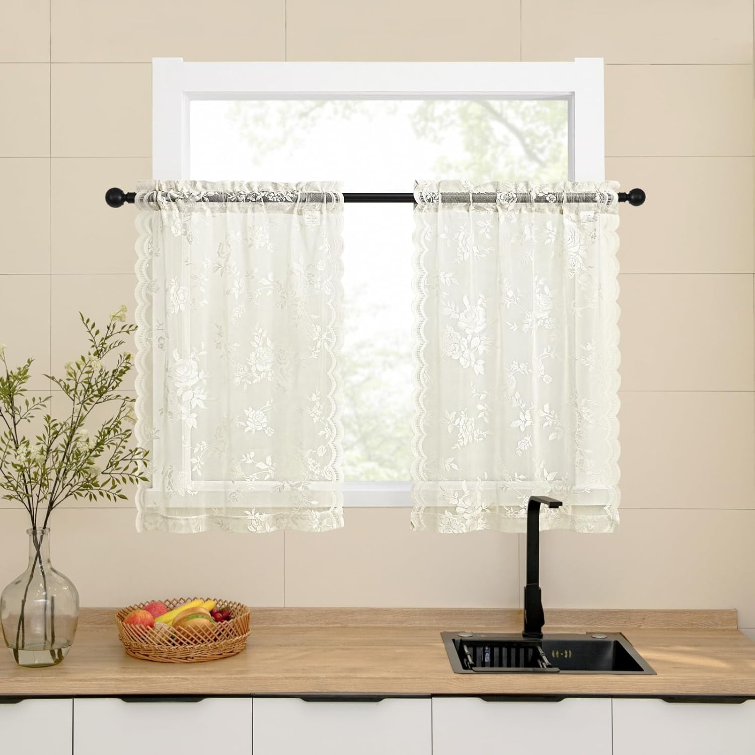 Ivory Lace Cafe Curtains 36 Inch Length Rod Pocket Privacy Sheer Short ...