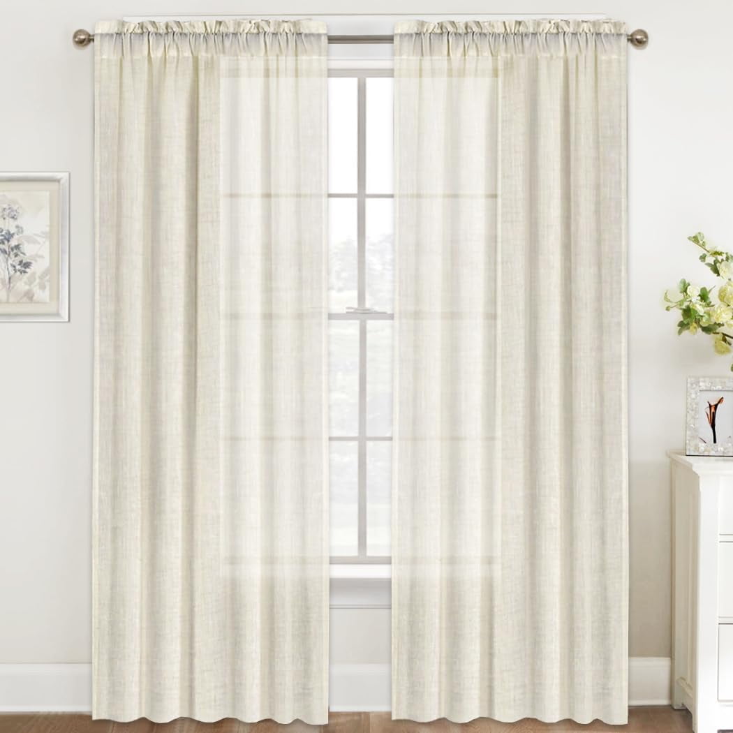 Ivory Linen Sheer Curtains 84 Inch Length 2 Panels Set Light Filtering ...