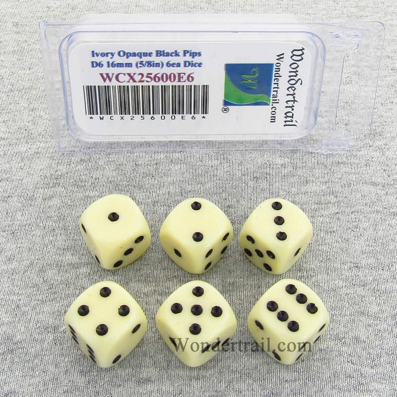 Ivory Opaque Dice with Black Pips D6 16mm (5/8in) Pack of 6 Wondertrail ...