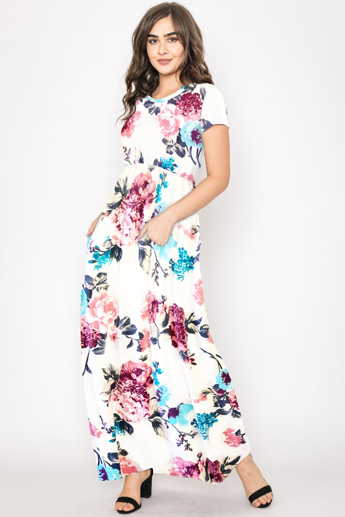 Ivory Pink Blue Floral Short Sleeve Maxi Dress - Walmart.com