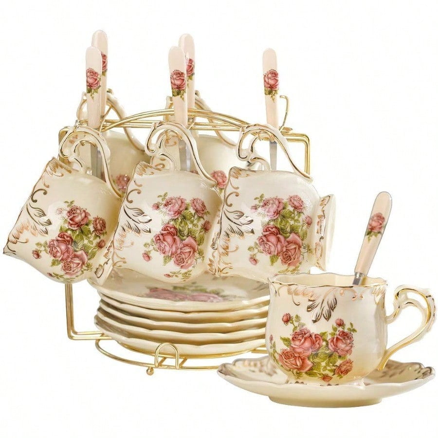 Ivory Pink Rose Tea Cups and Saucers Set of 6 8 oz Vintage Floral ...