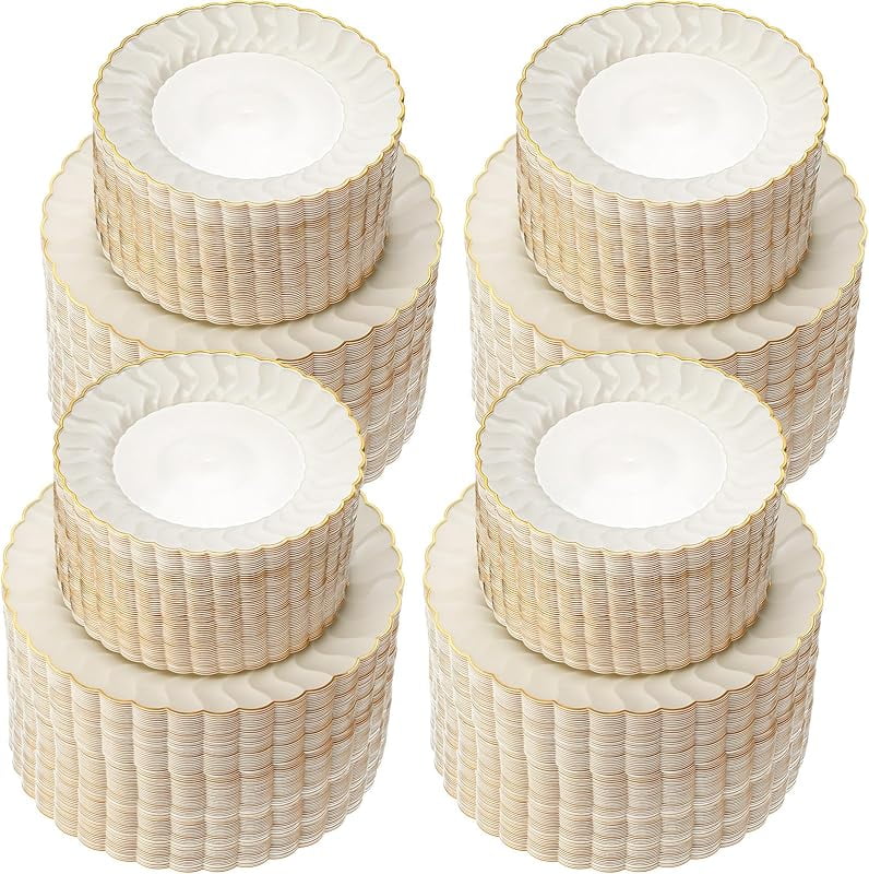 Ivory Plastic Plates with Gold Rim Heavy Duty Disposable Plates for ...