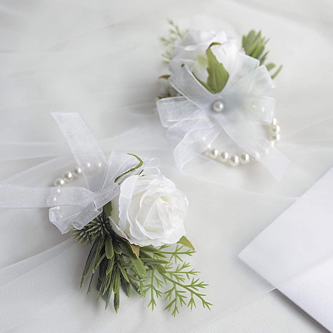 Ivory Rose Wrist Corsage Wristlet Band Bracelet and Men Boutonniere Set ...