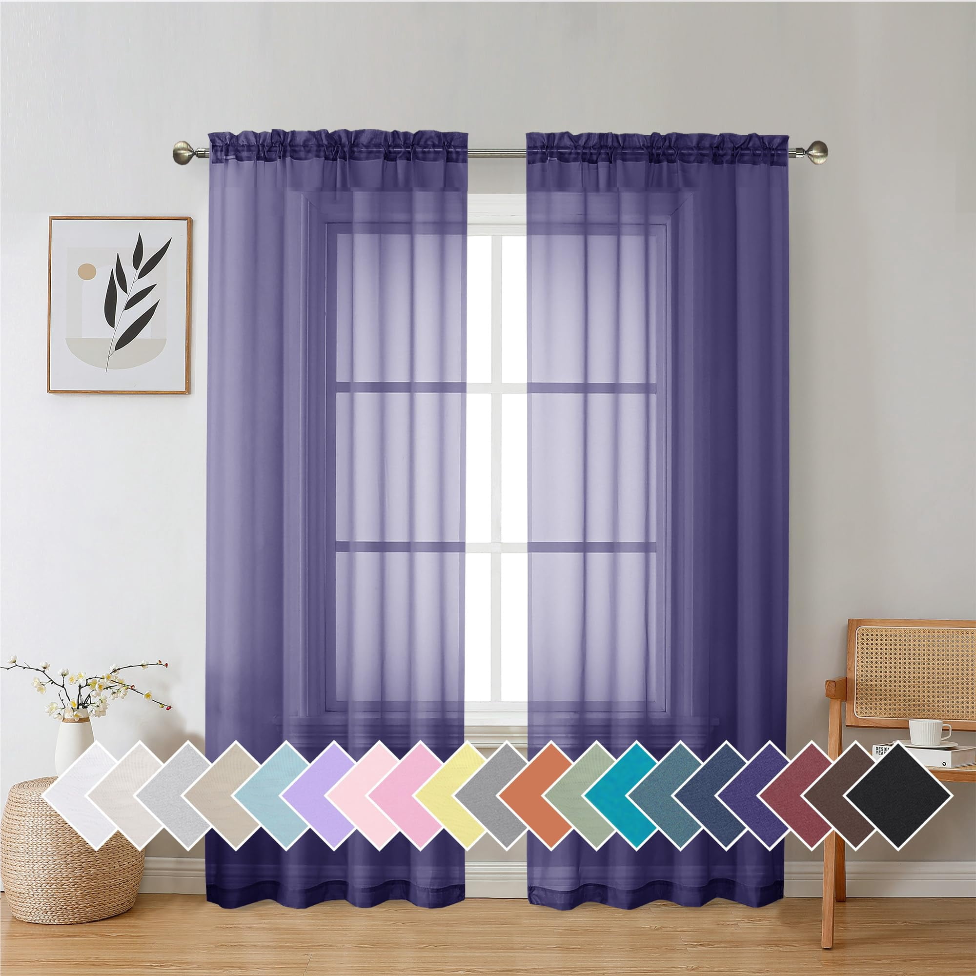 Ivory Sheer Curtains 54 Inch Long 2 Panels Set Rod Pocket Voile ...