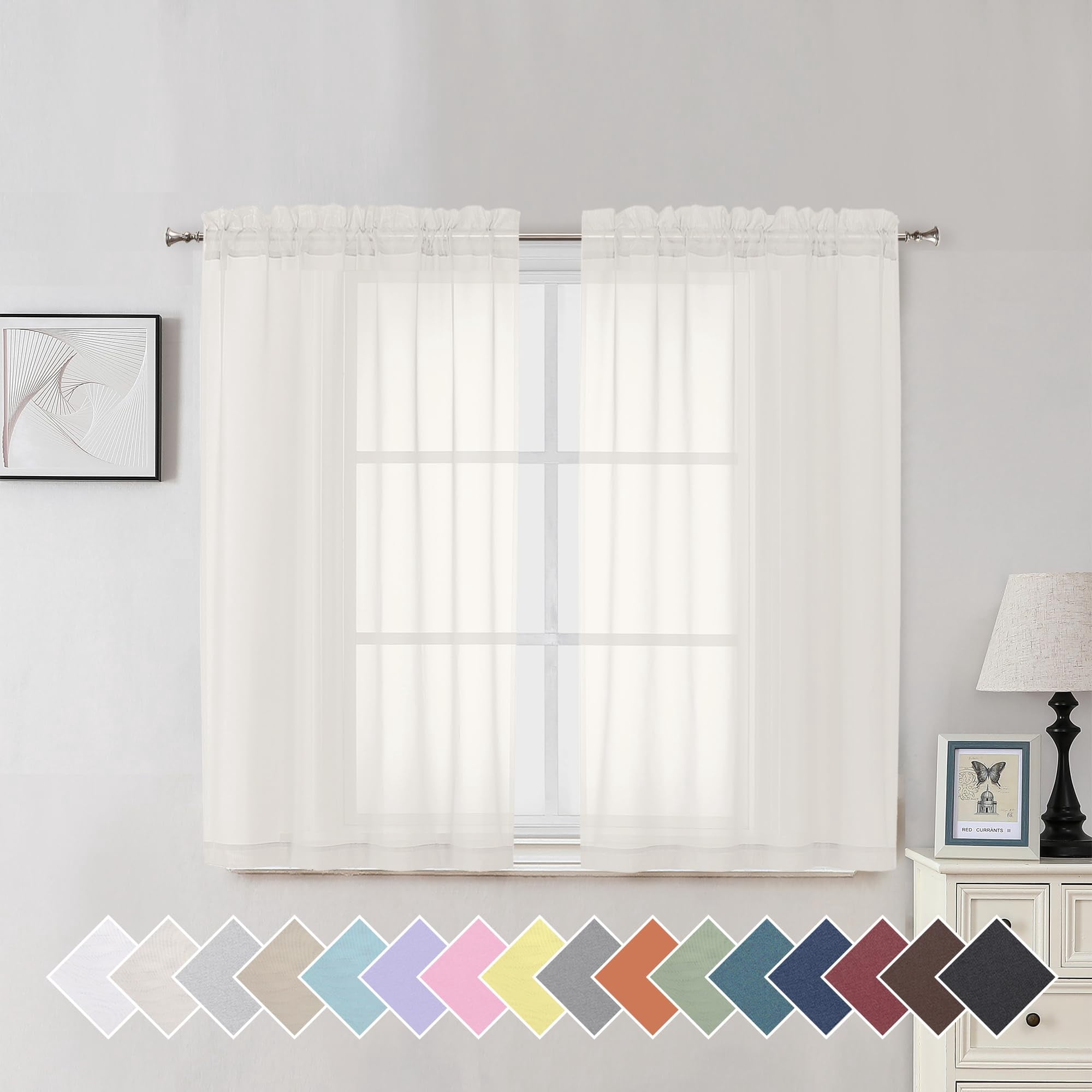 Ivory Sheer Curtains 54 Inch Long 2 Panels Set Rod Pocket Voile ...