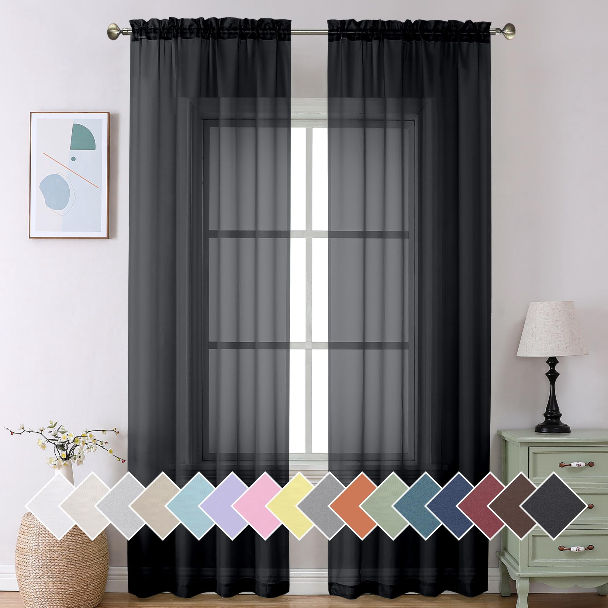 Ivory Sheer Curtains 54 Inch Long 2 Panels Set Rod Pocket Voile ...