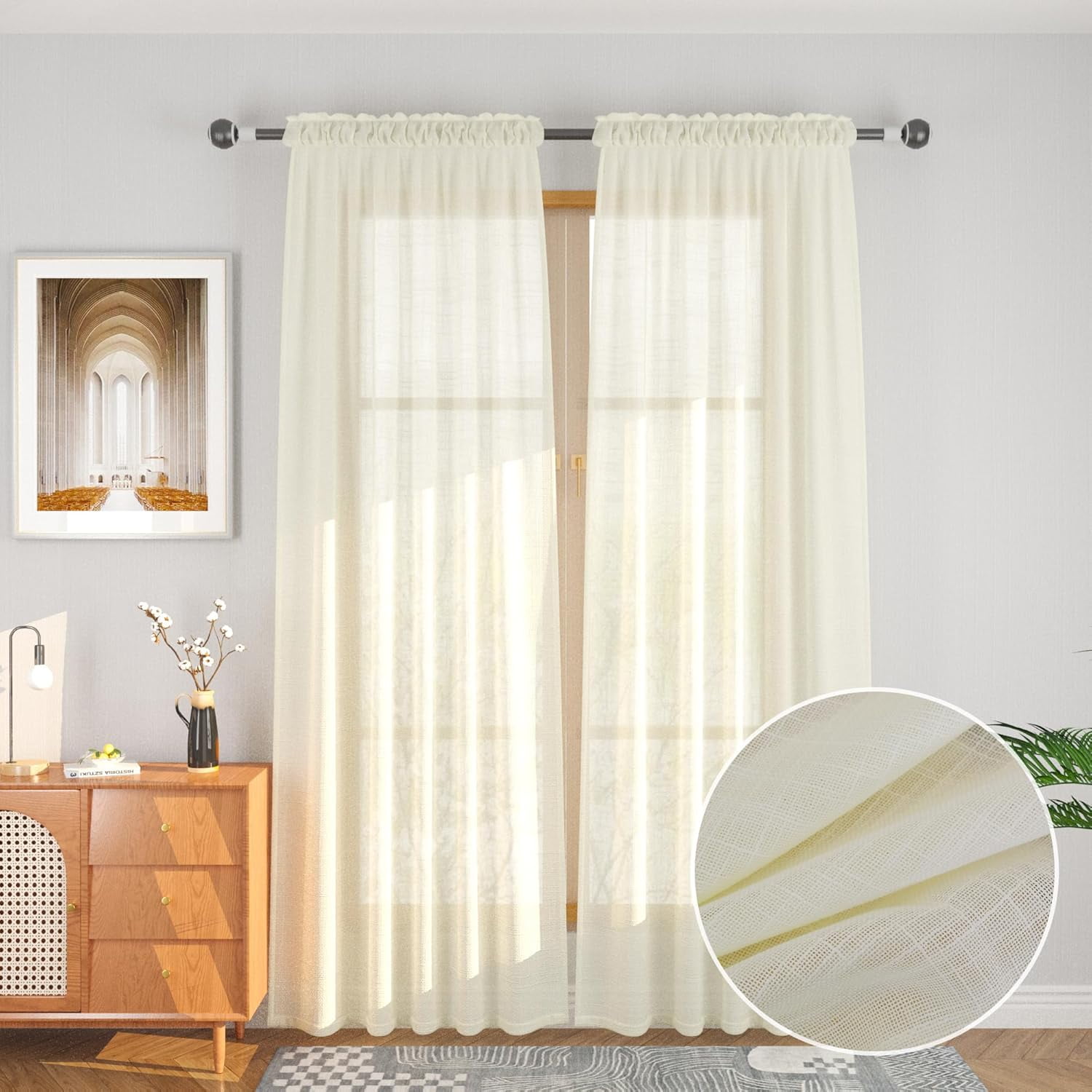 Ivory Sheer Curtains 80 Inches Linen Textured Farmhouse Living Room ...