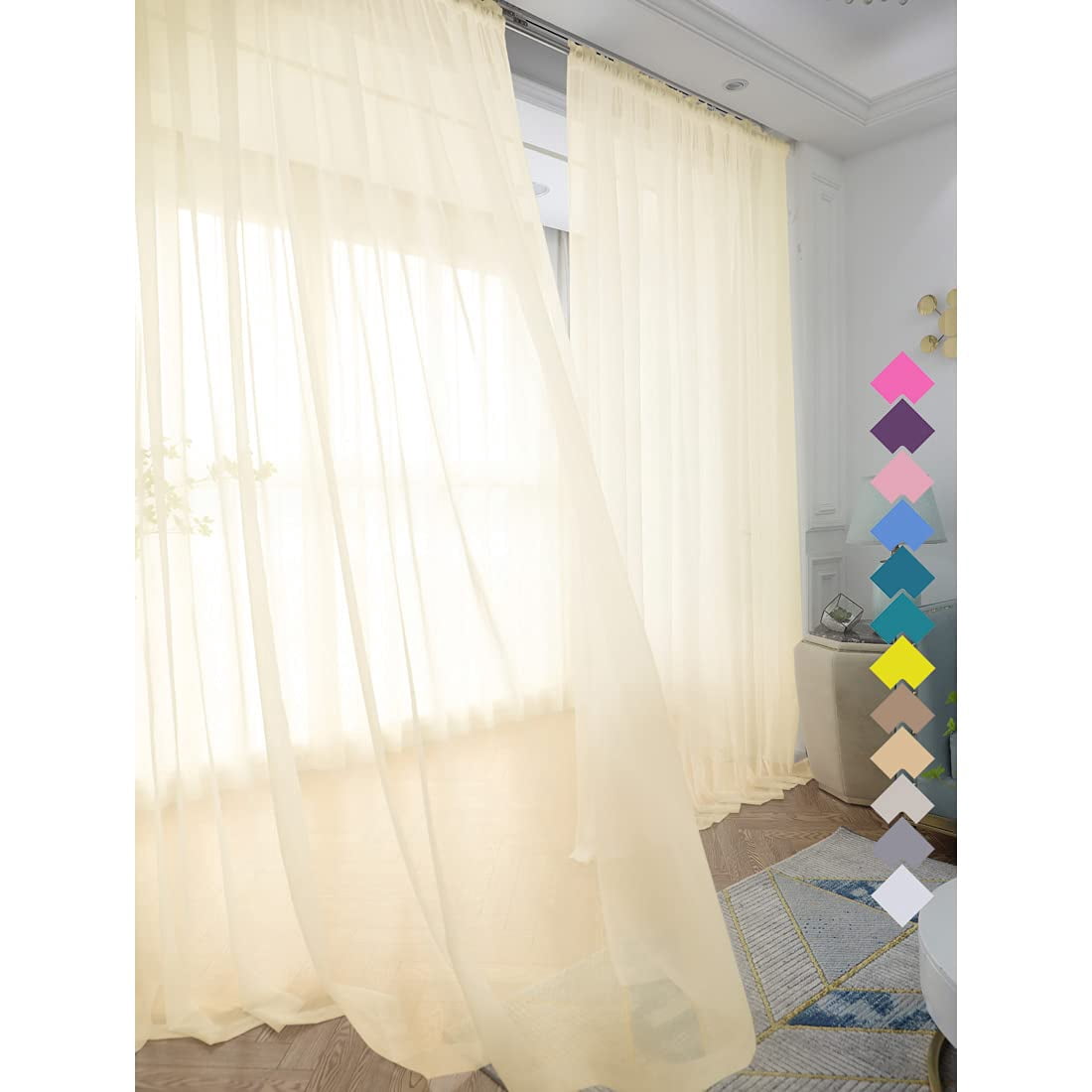 Ivory Sheer Curtains 84 Inch Long 2 Panels Rod Pocket Window Drapes for ...