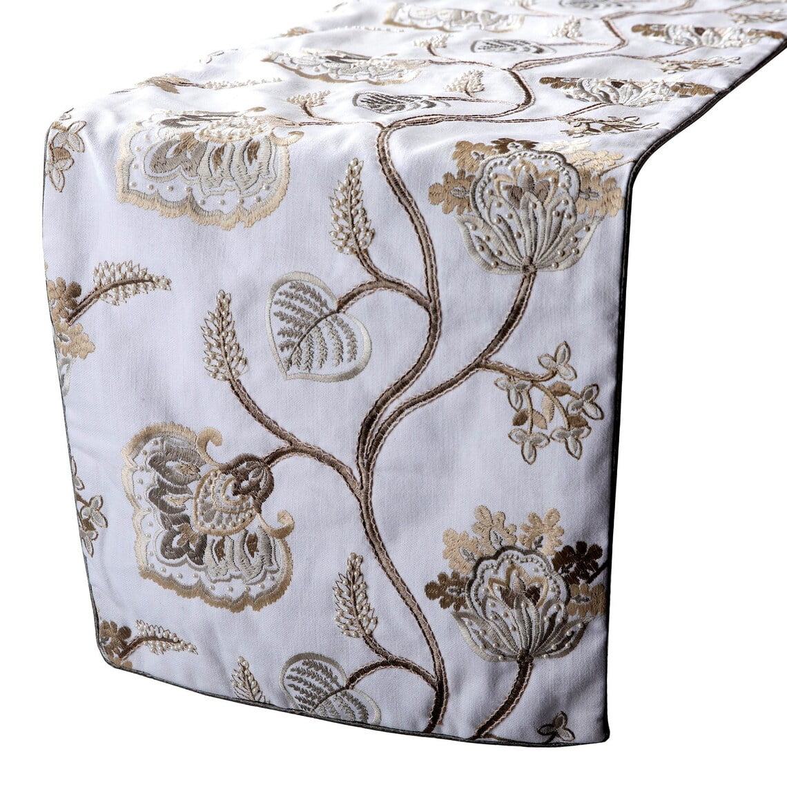 Ivory Table Runner Floral Cotton Fabric with Embroidery & Pearl Ivory ...
