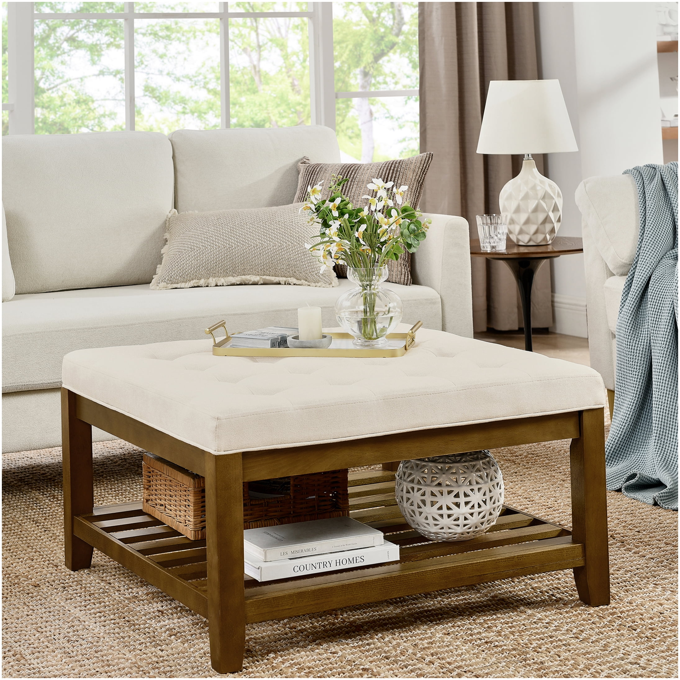 Ivory Upholstered Square Ottoman with Storage Shelf, Tufted Linen ...