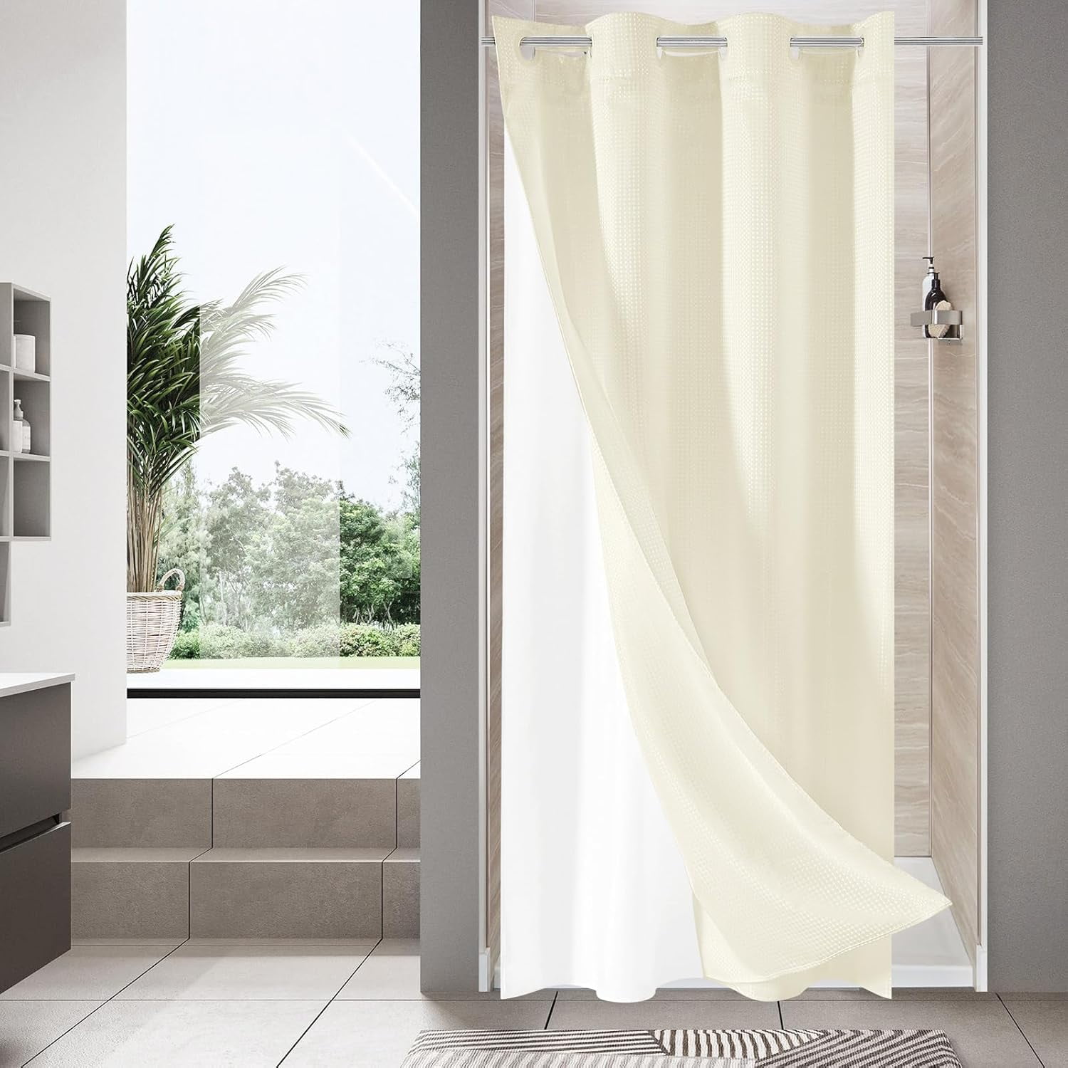 Ivory Waffle Small Stall Shower Curtain 36 x 74, No Hooks Required Half ...