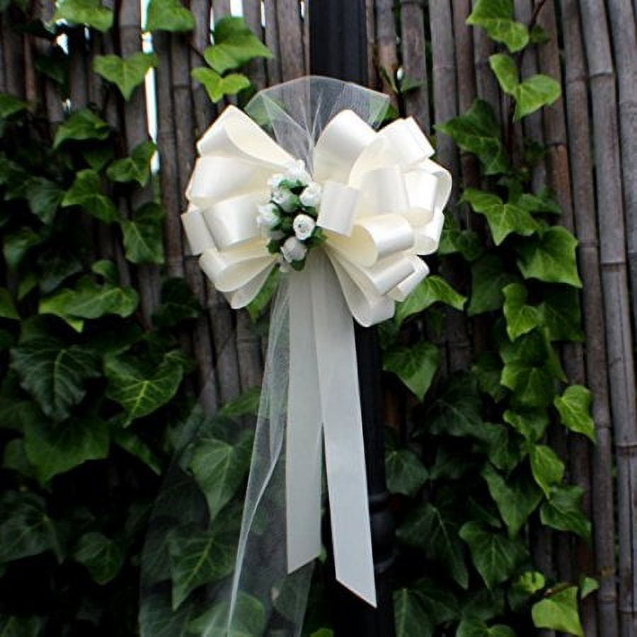 Ivory Wedding Pull Bows with Tulle Tails and Rosebuds - 8" Wide, Set of ...