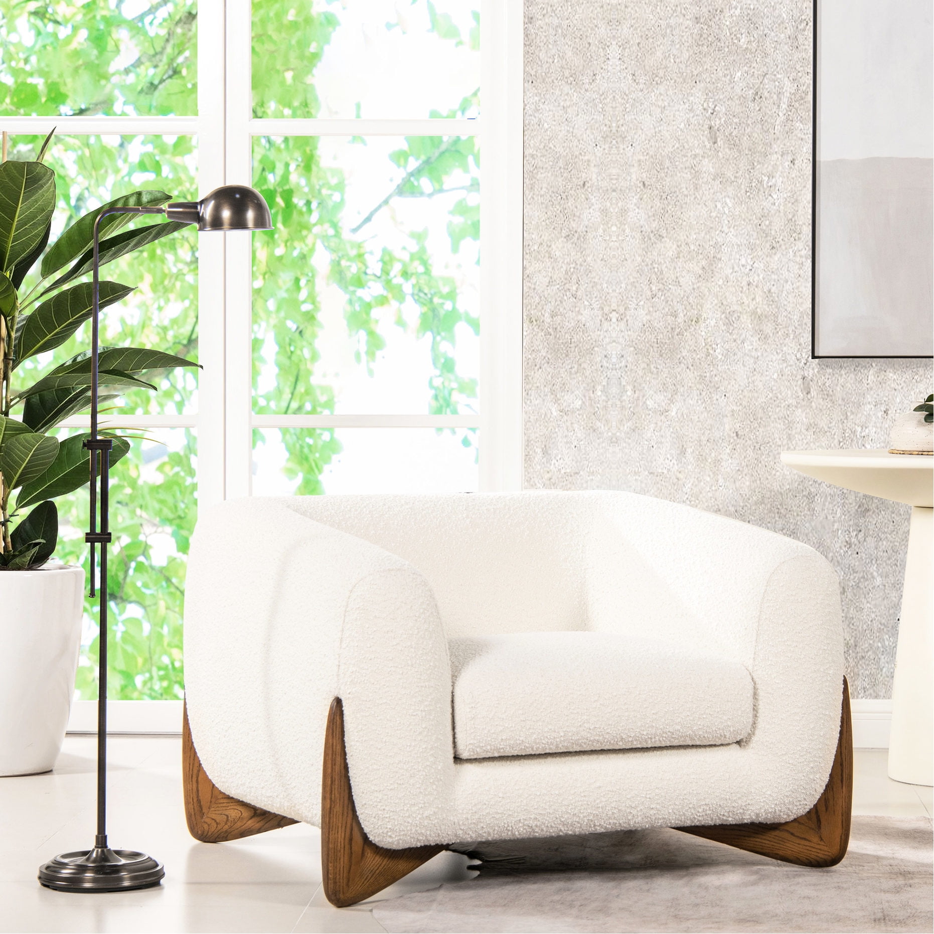 Ivory White 44" Faux Sherpa Boucle Arm Chair | Natural Oak Legs with ...