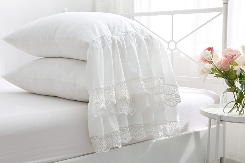 Ivory White Crocheted Lace Pillow Shams with Long Ruffles Cotton ...