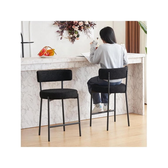 Ivory White Furry Bar Stool Set Of 2 With Metal Black Frame Modern ...