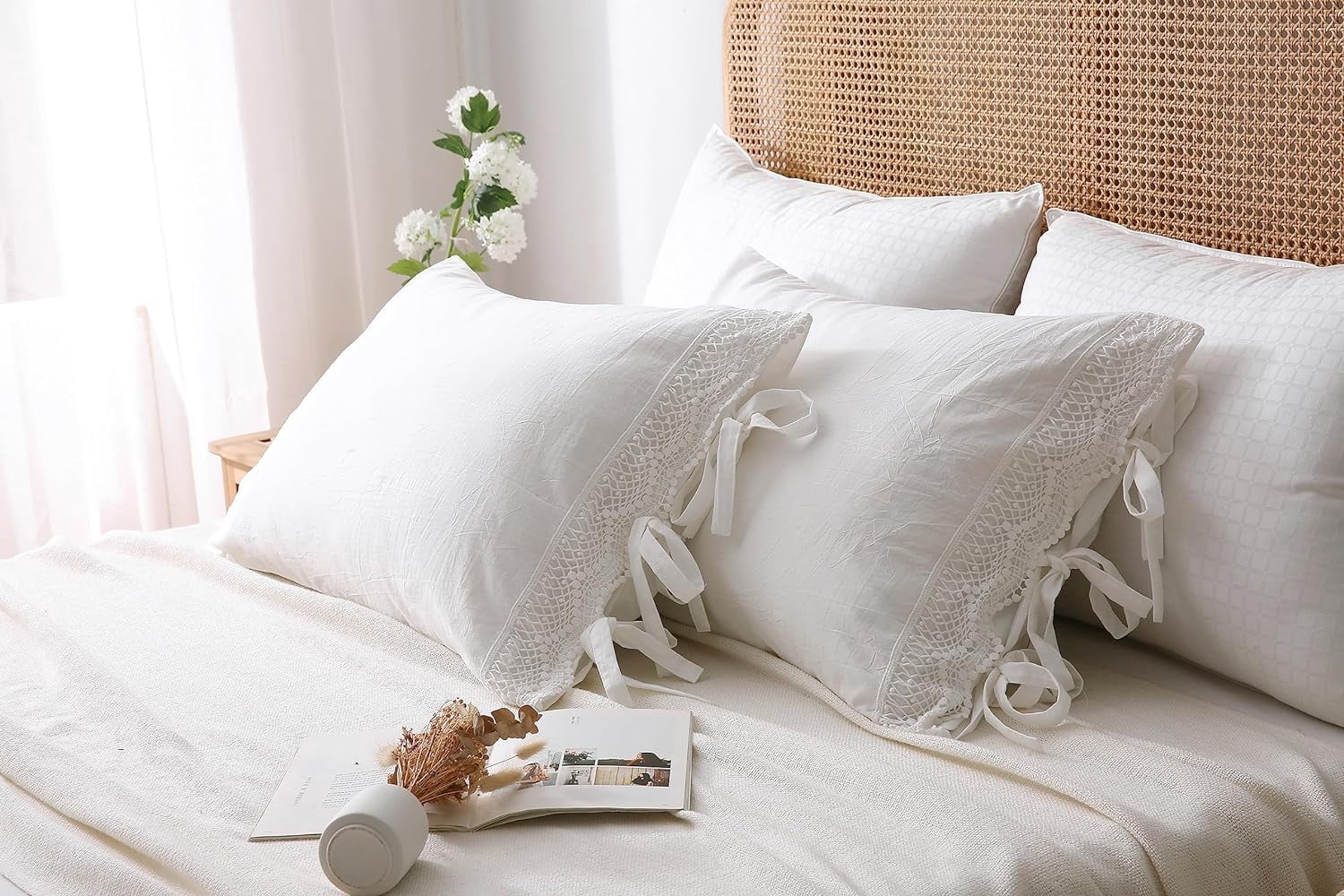 Ivory White Lace Bed Pillow Shams Crochet Pillowcase 100% Cotton 26"X20" Standard Size (Off ...