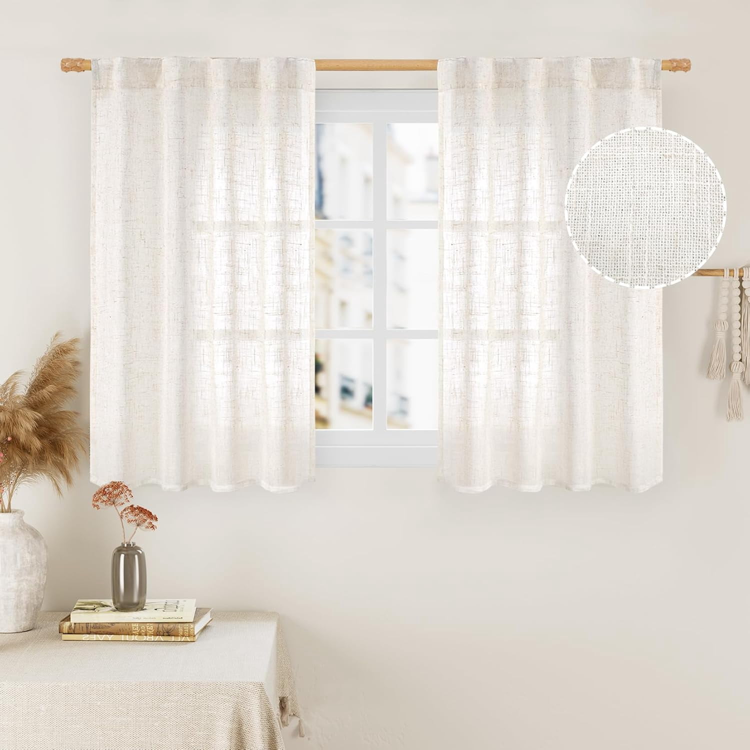 Ivory White Linen Curtains 40 Inch for Small Window, Light Filtering ...