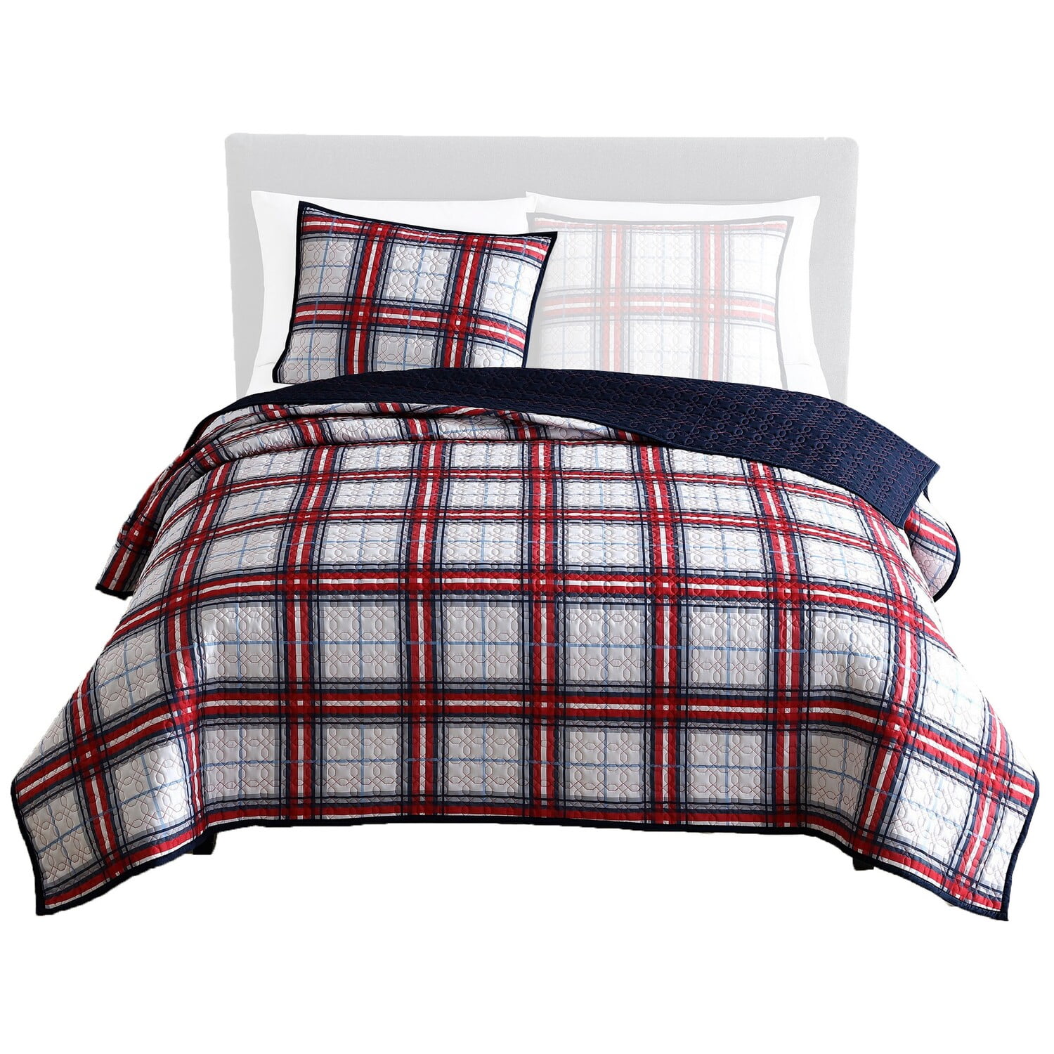 Ivy 2 Piece Twin Size Plaid Coverlet with Matching Sham, Red, White ...