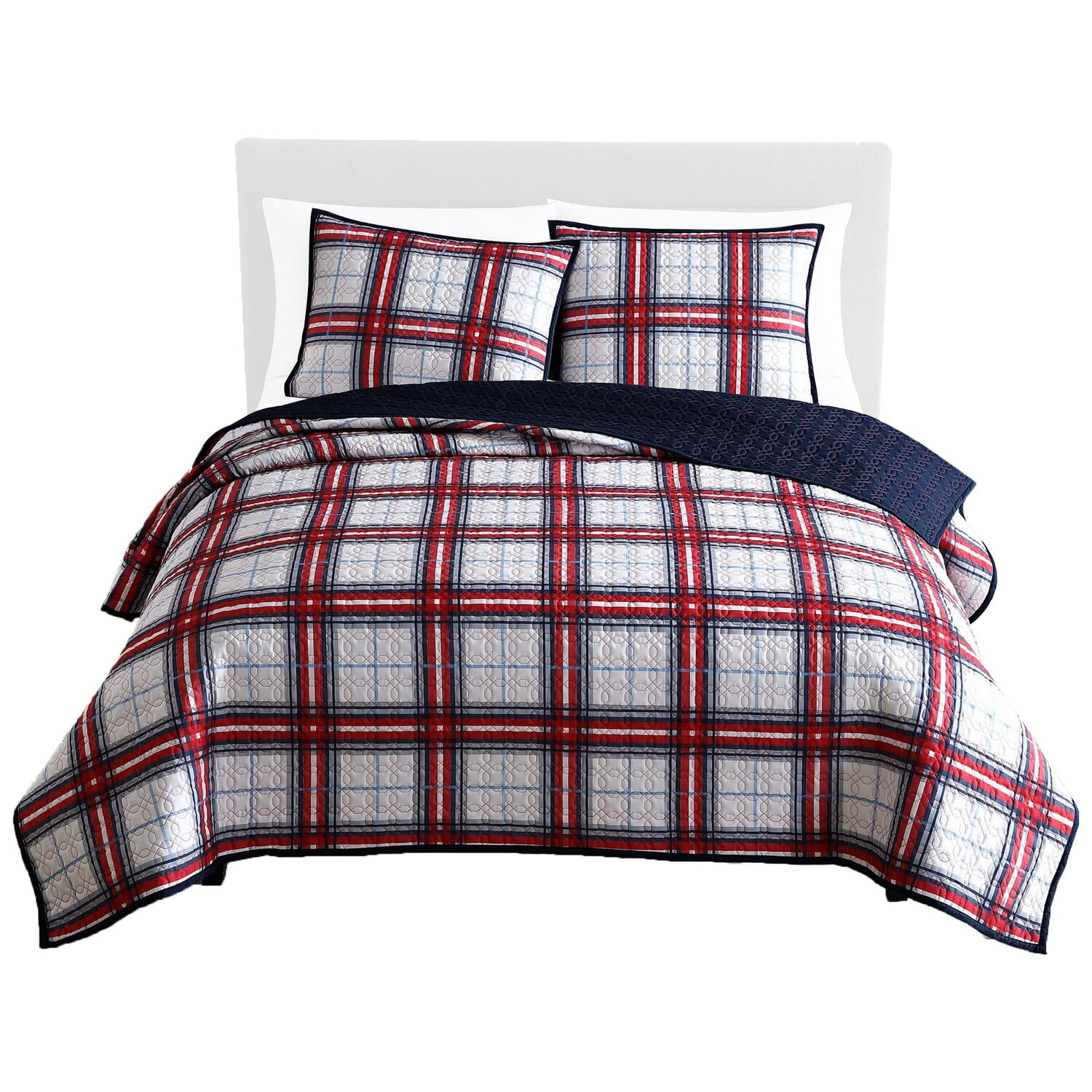 Ivy 3 Piece Full Queen Plaid Coverlet with Matching Shams - Red - White ...