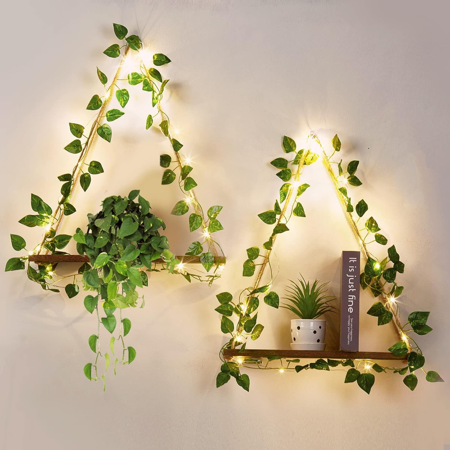 Ivy Lighting Organize String Wooden Hanging Shelves Braided Rope [Set ...