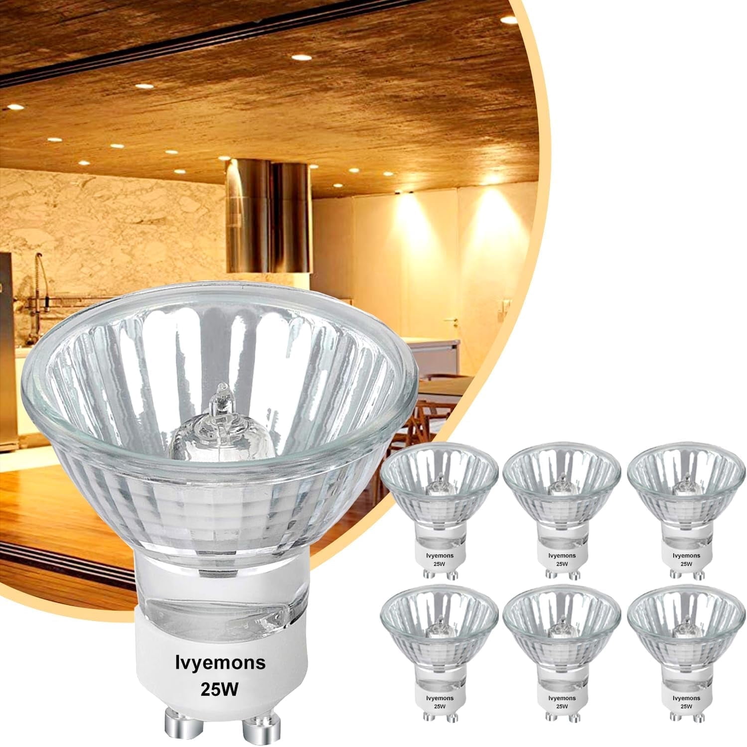 Ivyemons GU10 MR16 Dimmable 25W 120V Halogen Bulb, 6 pack, 220LM 2800K ...