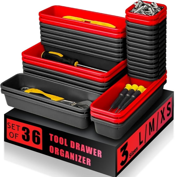 Iweighoola 36-Piece Plastic Tool Box Organizer Tray, Black and Red ...