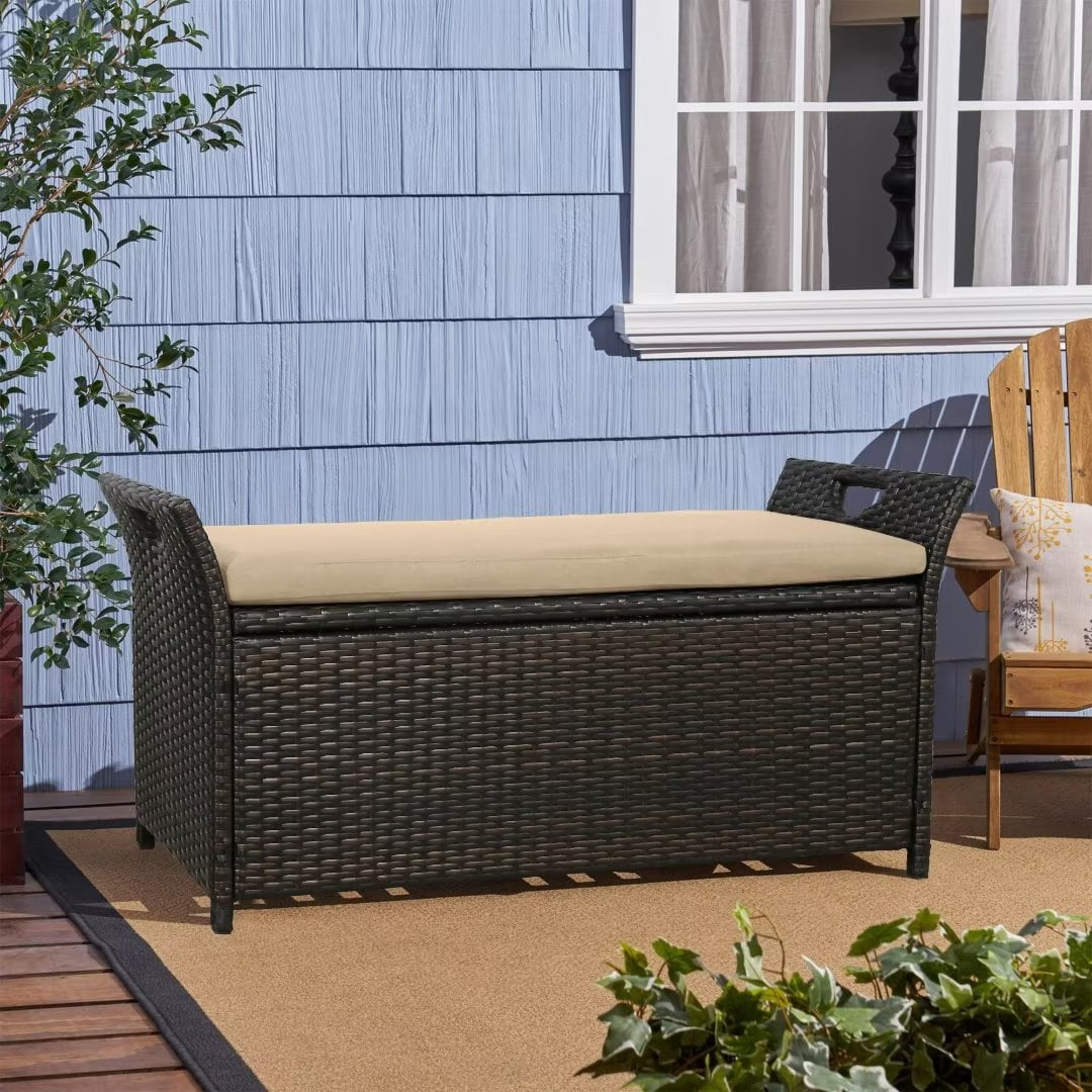 Iwicker Outdoor Wicker Storage Bench Deck Box with Cushions, Beige ...