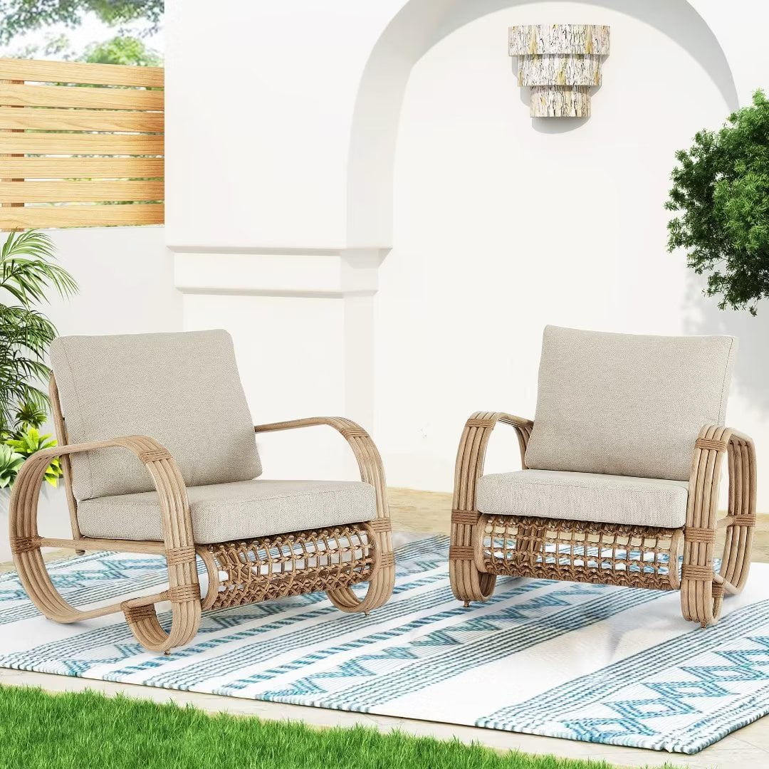 Iwicker 2-Piece Woven Rattan Furniture Patio Club Chairs with Cushions ...