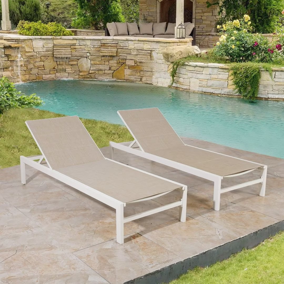 Iwicker Patio Chaise Sling Lounge Chair Set of 2 Aluminum Outdoor Adjustable Pool Lounge Chairs for Outside Beige and White Walmart