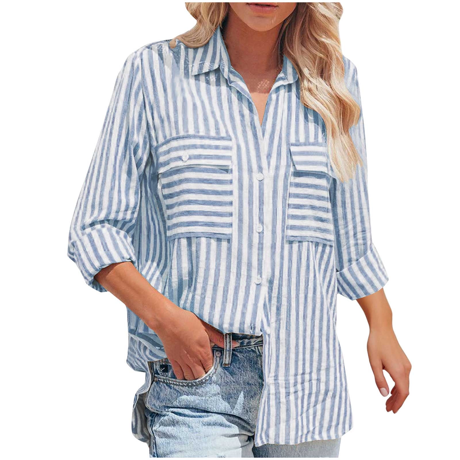 Ixbnca Women Button down Shirts Flap V Neck Striped Long Sleeve Casual ...