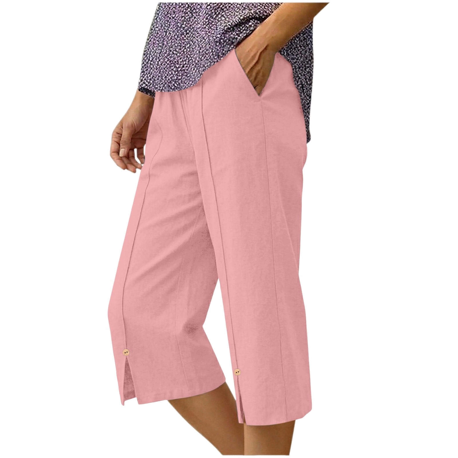 Ixbnca Women Capri Pants Casual Straight Leg Slit Hem Pockets Pants ...