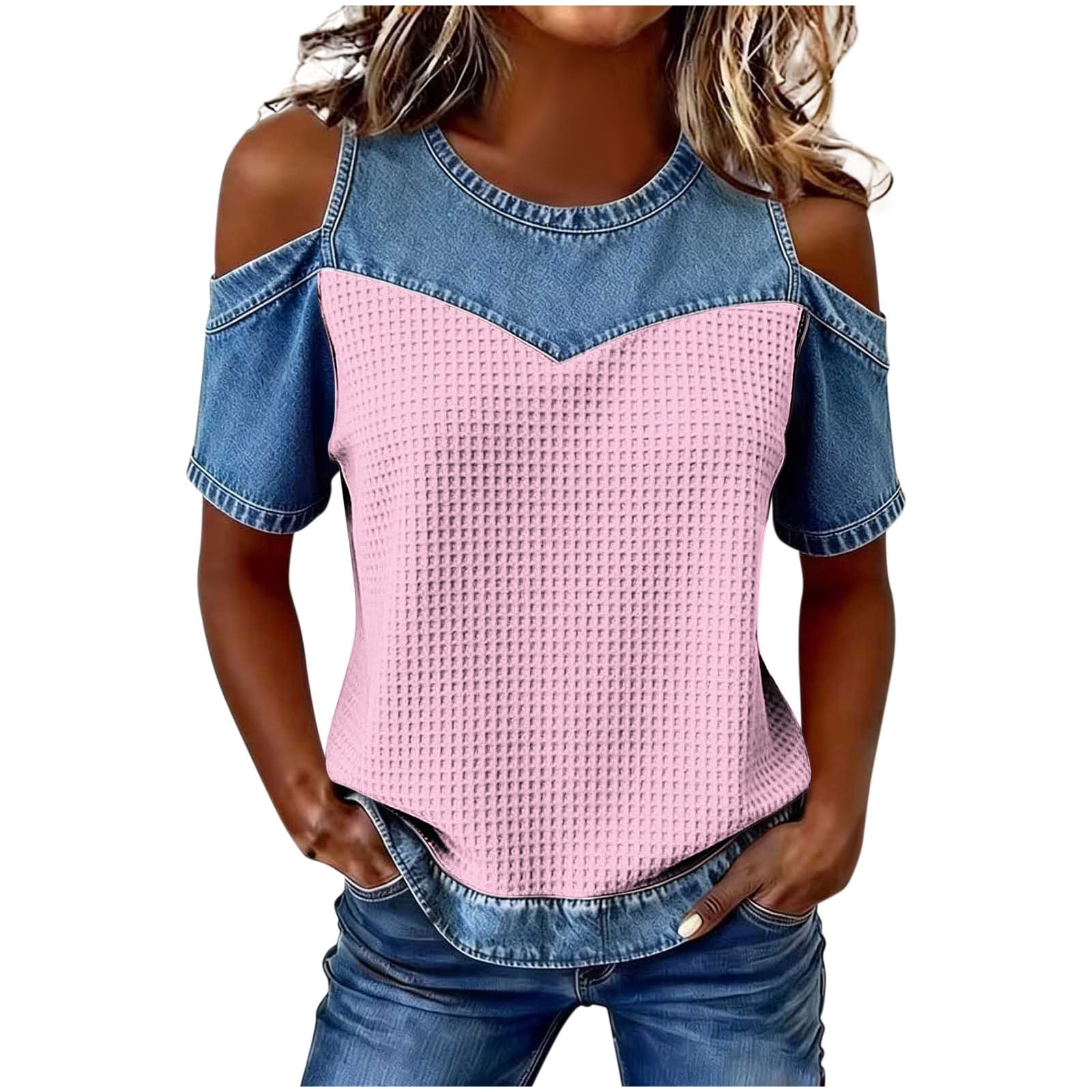 Ixbnca Women's Cold Shoulder Tops Fashion Denim Knit Patchwork Blouse ...