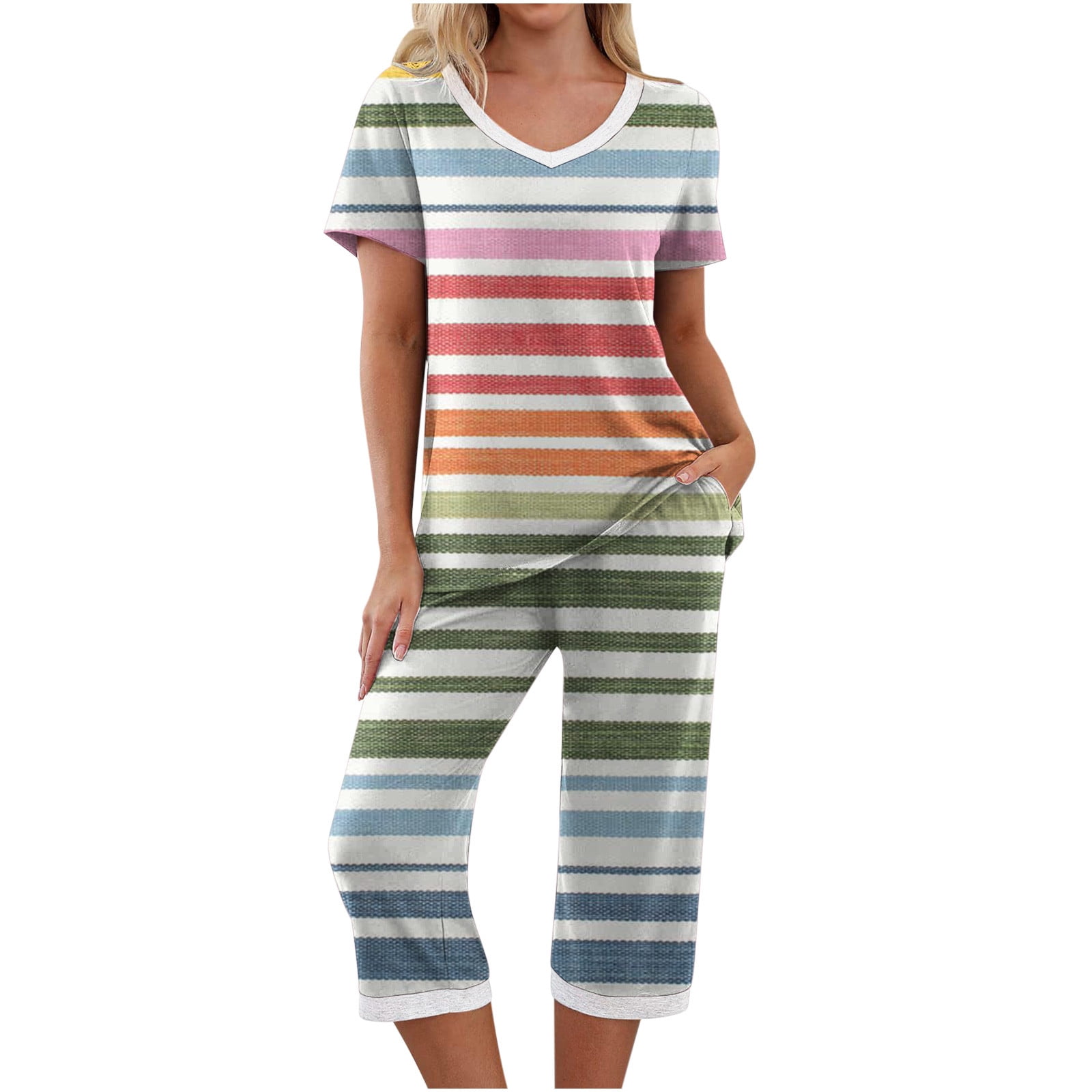 Ixbnca Women's V Neck Pajamas Set Short Sleeve Tops Capri Pants Pjs ...