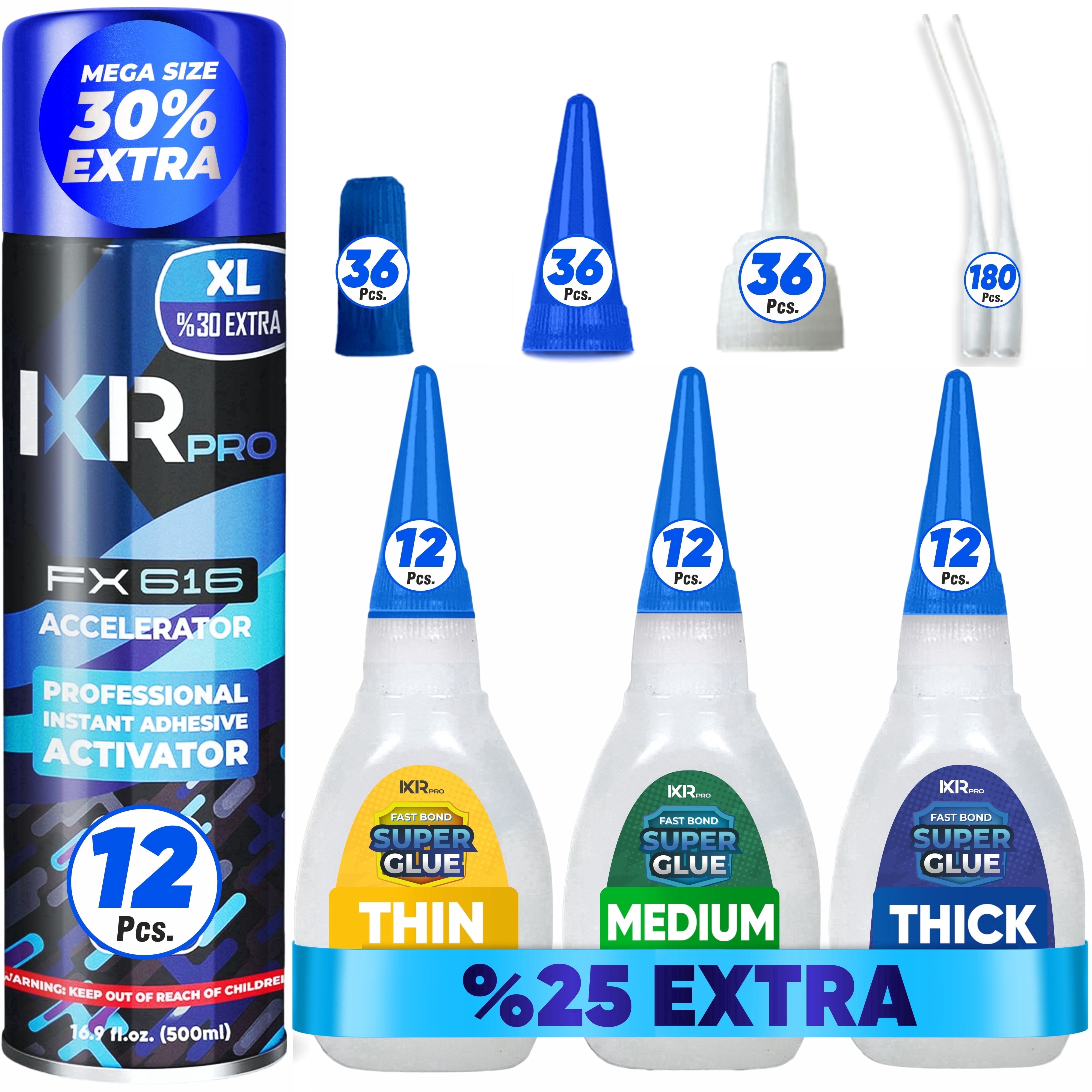 Ixirpro CA Glue & Accelerator Kit - 36 x 1.75 oz (Thin, Medium, Thick ...