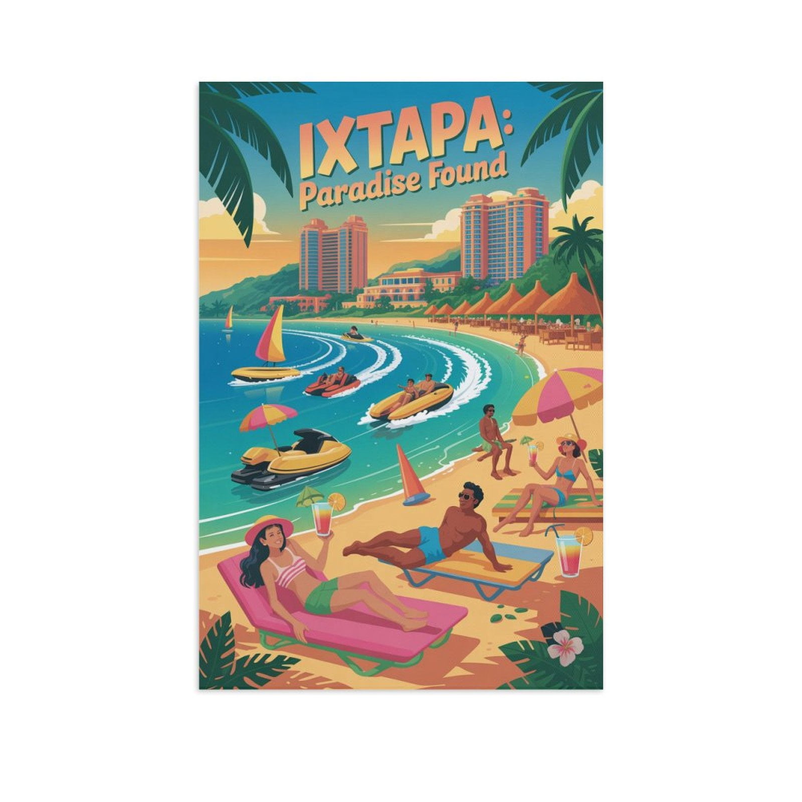 Ixtapa Vintage City Travel Poster with Jet Skis, Bars And Warm Sunset ...