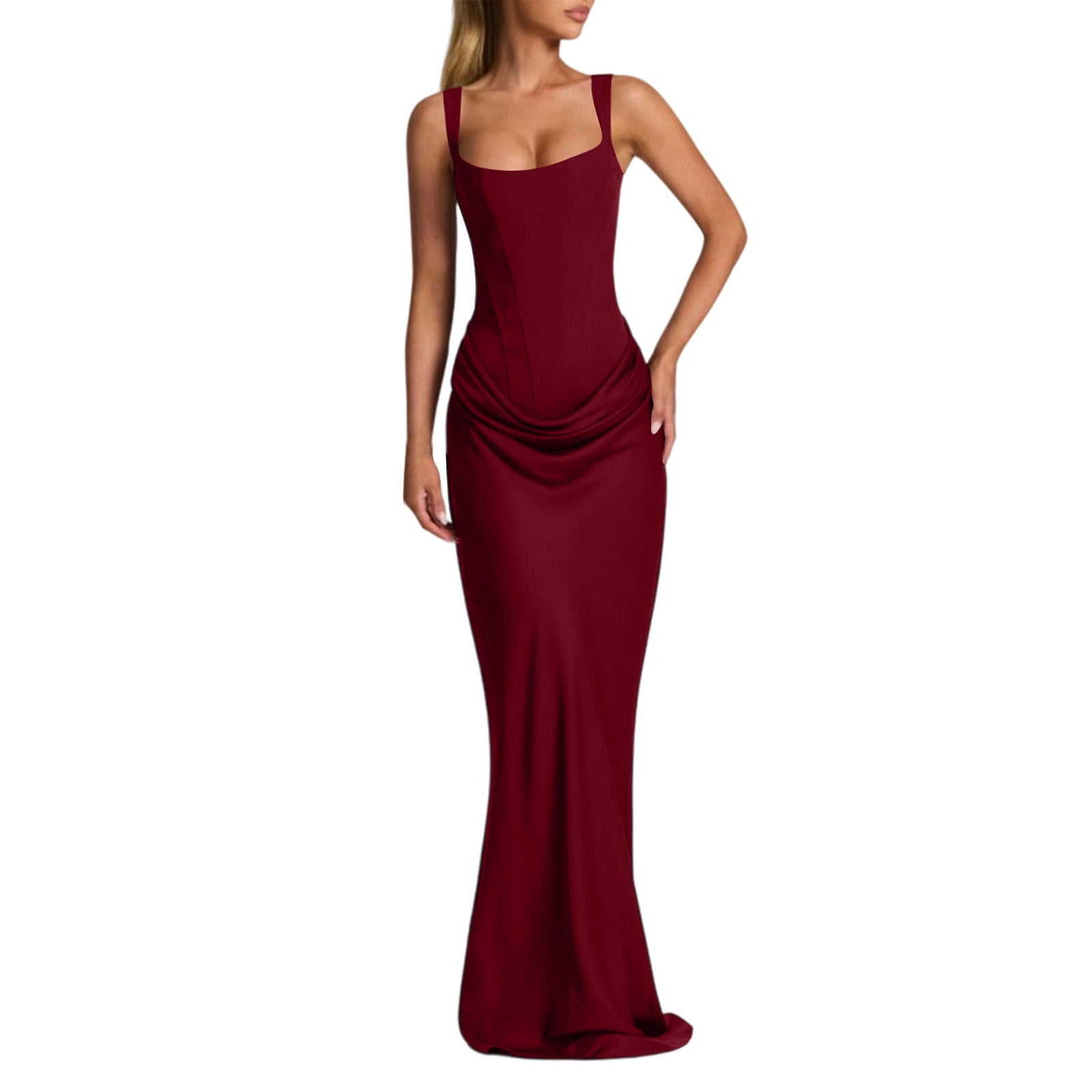 Iyufng Evening Gown for Women Spaghetti Straps Pleated Bodycon Maxi ...