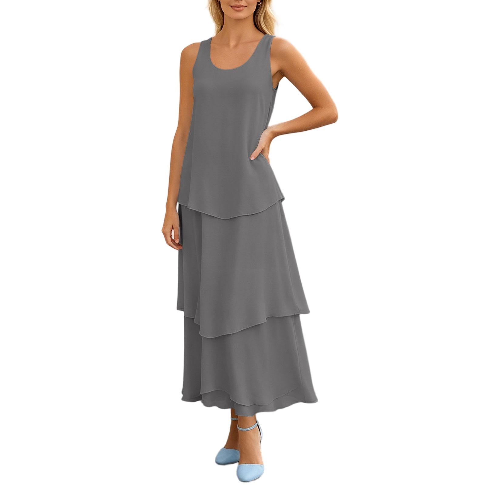 Iyufng Long Casual Dresses for Women Solid Color Sleeveless Chiffon ...