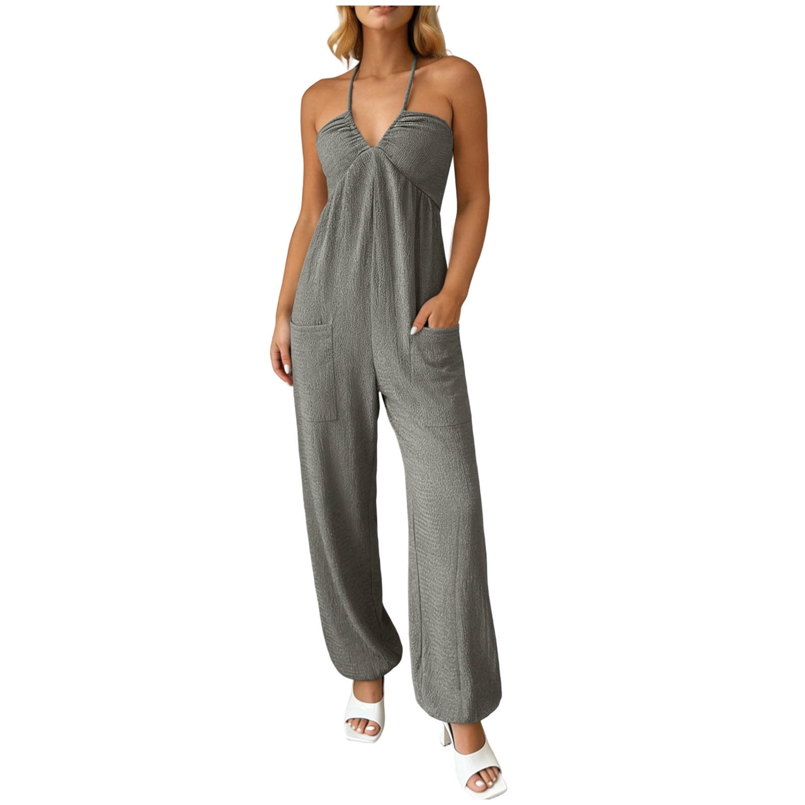 Iyufng Women's Halter-Neck Back Tie Jumpsuits with Pleats, Fitted Waist ...